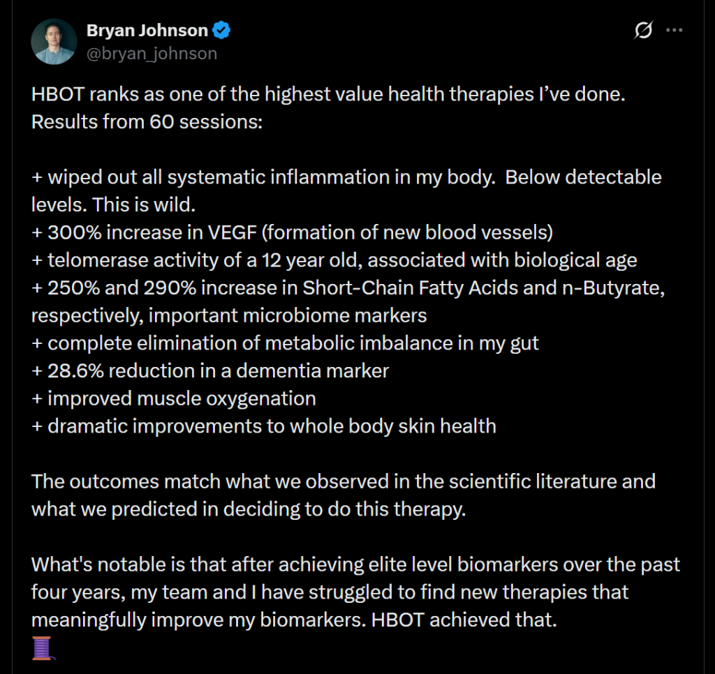 60 sessions later, we have the results: Bryan Johnson's HBOT experiment ...